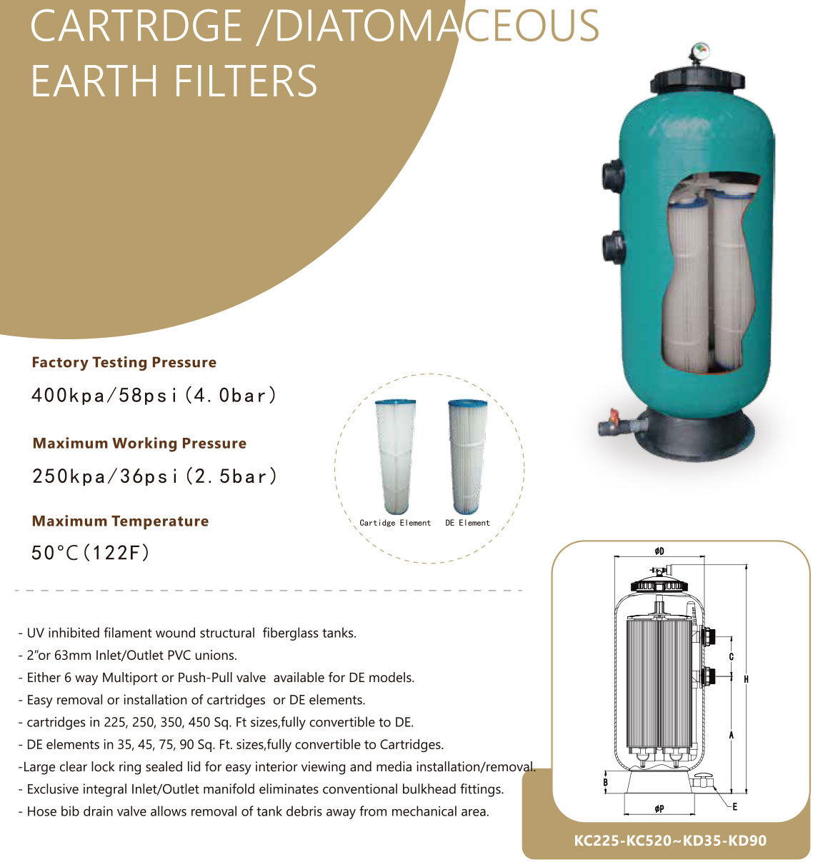 Poolking Fiberglass Cartridge/Diatomaceous Filter With 965~1270mm Height